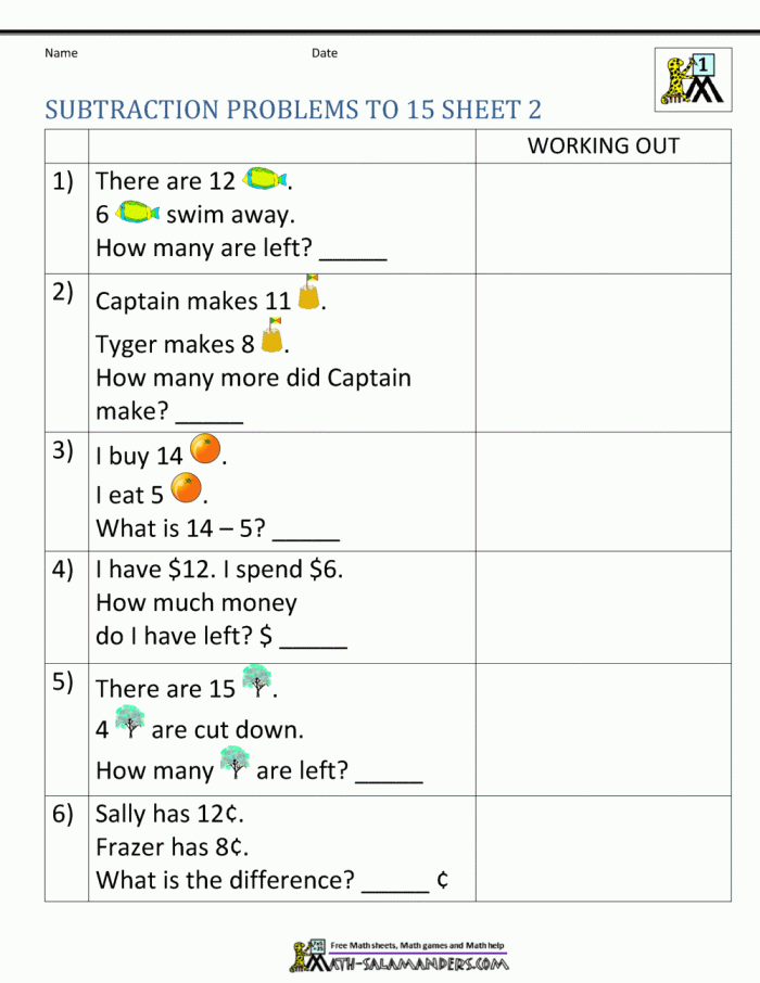 Subtraction Number Stories Worksheets 99Worksheets