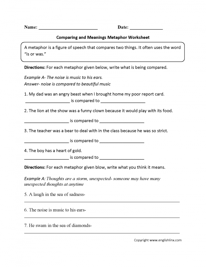 Metaphors Worksheets K5 Learning Metaphors Worksheet Education Com