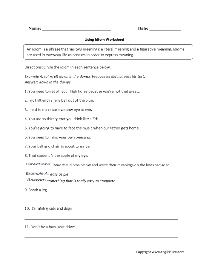Figurative Language Idioms Worksheets 99Worksheets