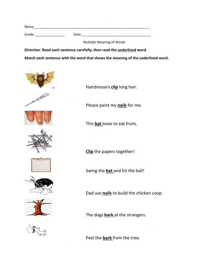 Multiple Meaning Words Matching Worksheets 99Worksheets